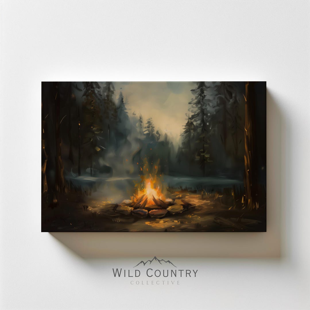 Moody Campfire Matte Canvas Print, Camping Theme Wall Art, Rustic Cabin ...