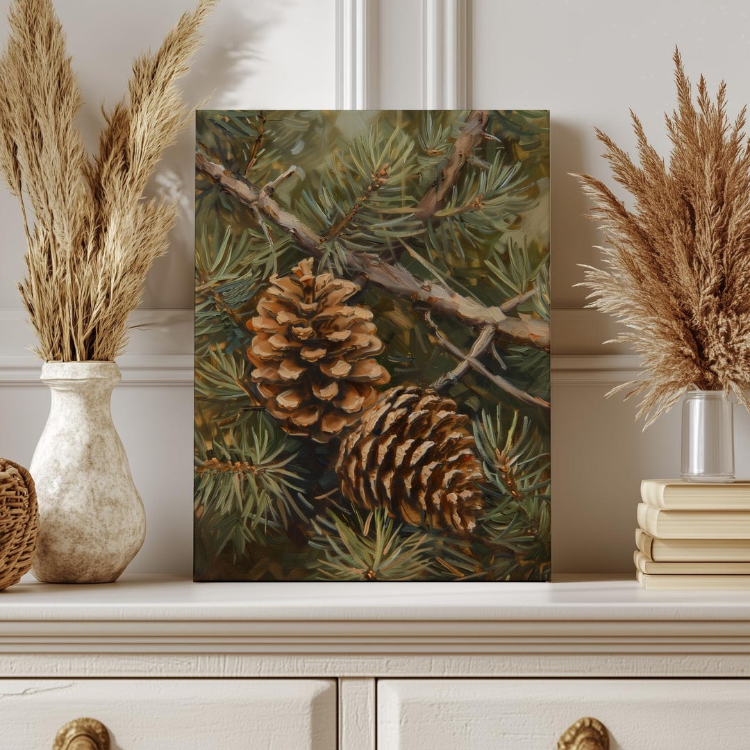 Vintage Pine Cone Canvas, Evergreen Pine Tree Art Print, Holiday Decor ...