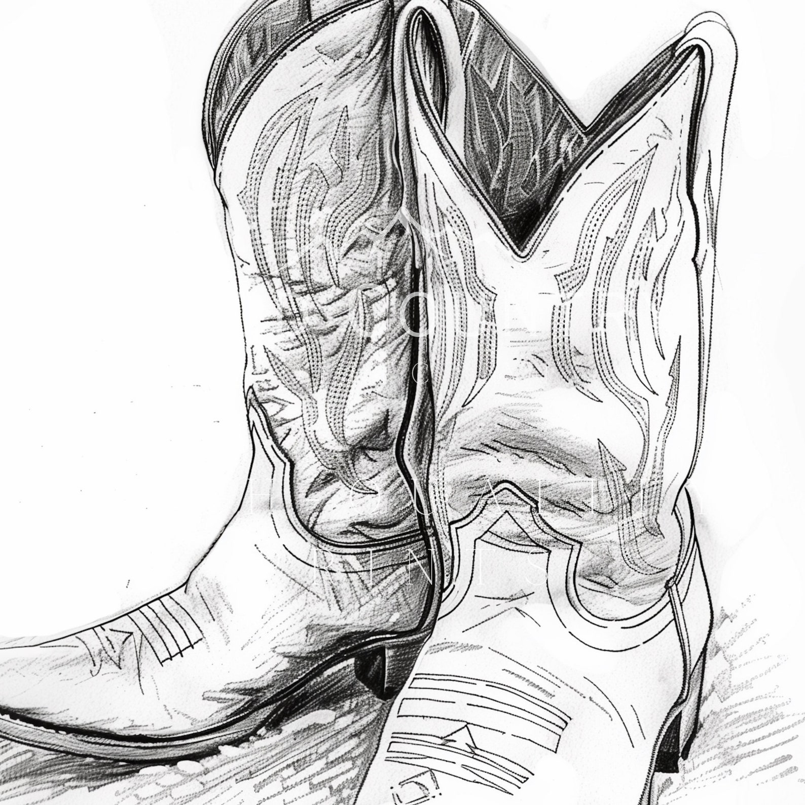 Vintage Cowboy Boots Sketch Drawing, Western Cowboy Poster Print ...