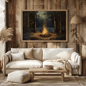 Rustic Campfire Oil Painting, Camping Theme Wall Art, Dark Wall Art ...