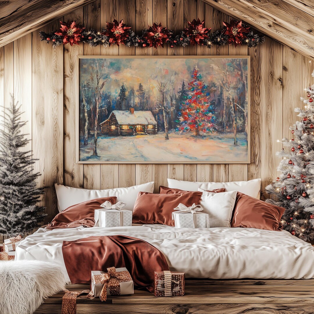 Printable Quaint Christmas Cabin Painting, Snowy Pine Trees Art ...