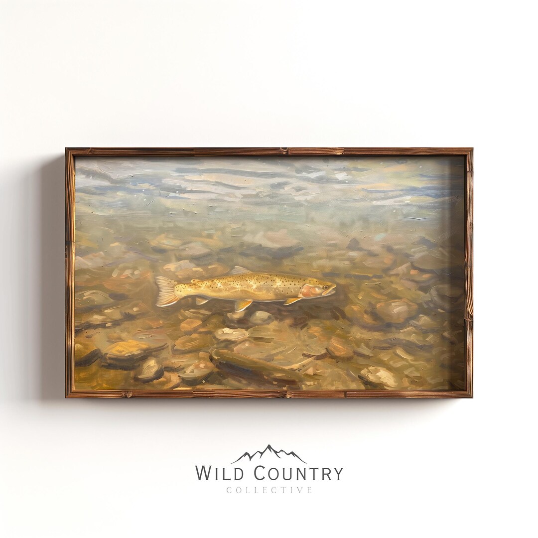 Antique Trout Oil Painting, Lake Landscape Painting, Trout Fish Wall ...