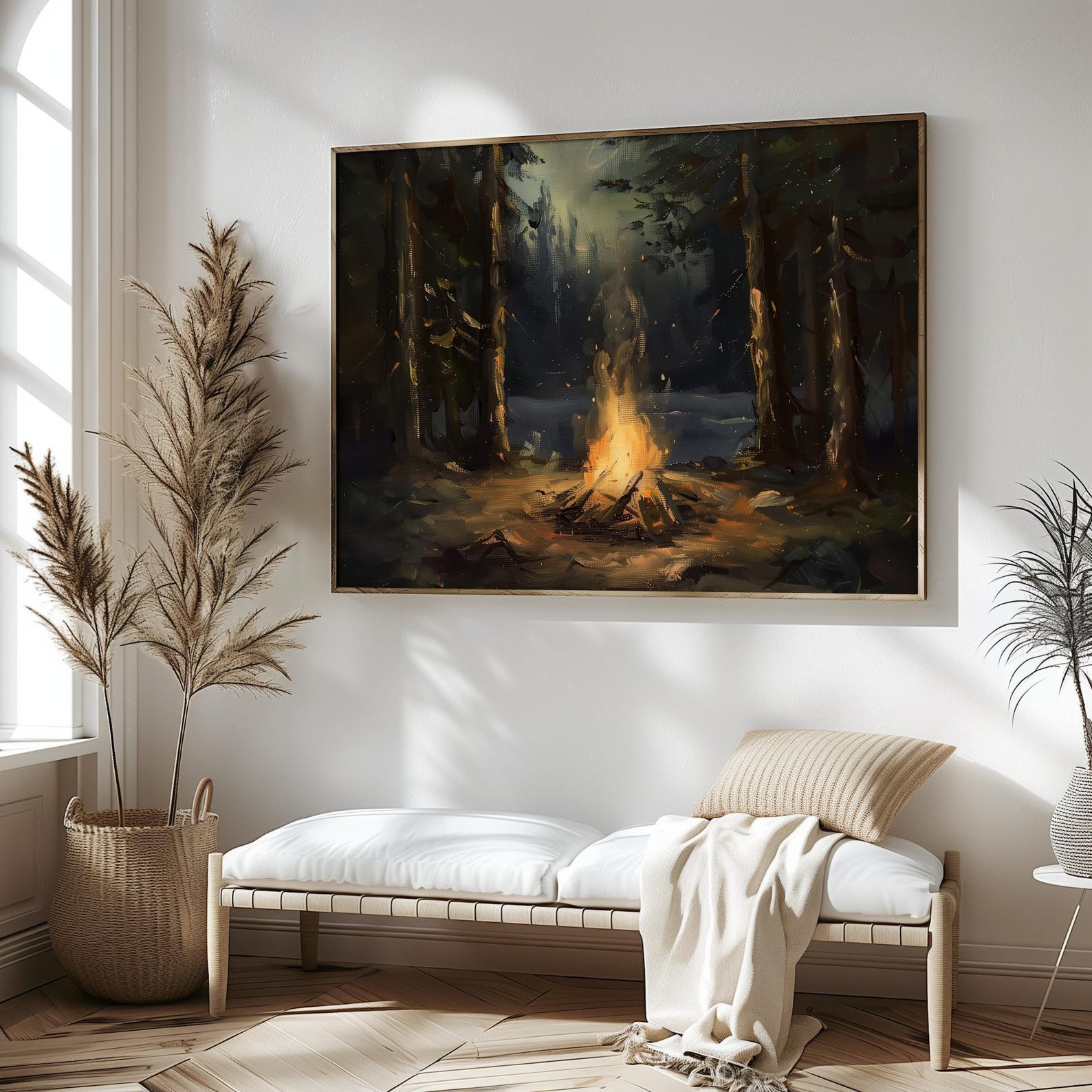 Rustic Campfire Oil Painting, Camping Theme Wall Art, Dark Wall Art ...