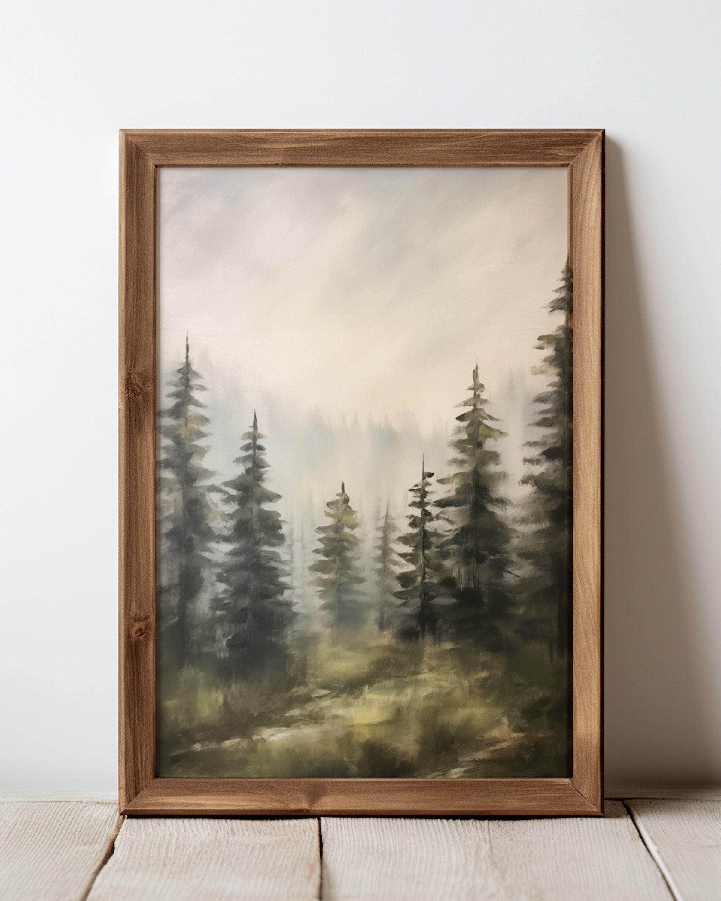 Evergreen Pine Tree Art Print, Foggy Forest Landscape, Mountain Cabin ...