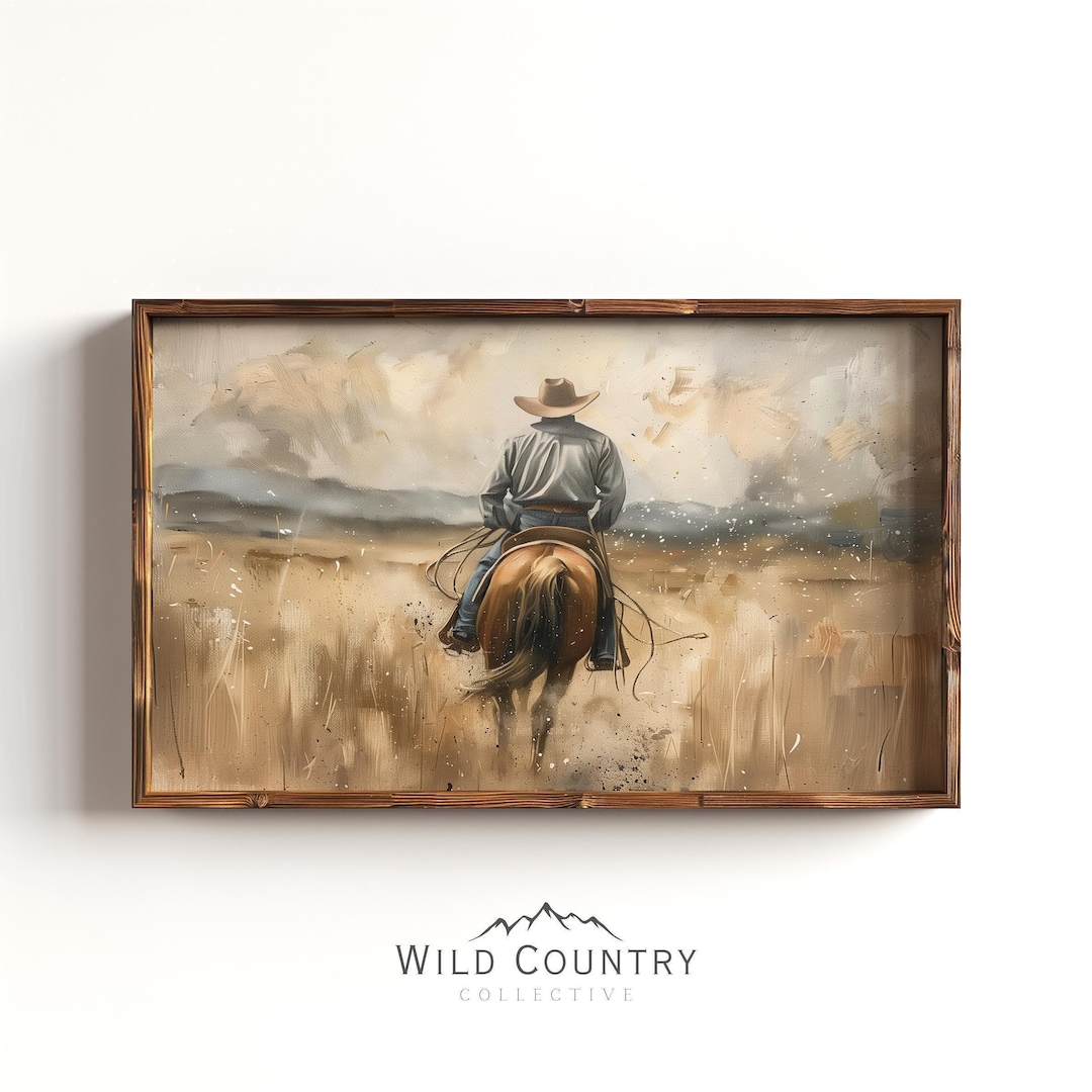 Vintage Western Cowboy Painting Print Montana Wall Art Rodeo Cowboy ...