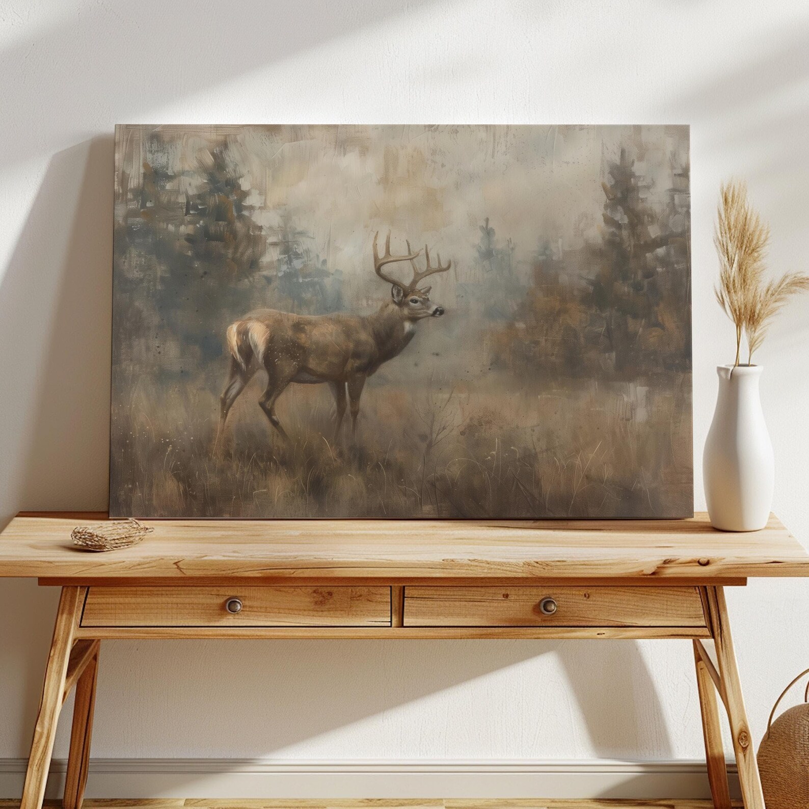Lone Buck Canvas Print, Rustic Deer Landscape Matte Canvas, Antique ...