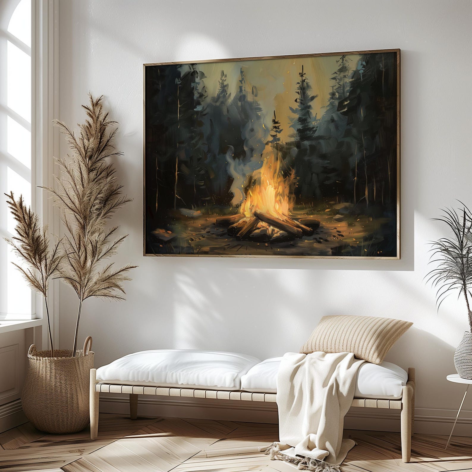 Vintage Campfire Wall Art Print, Dark Forest Painting, Rustic Wall Art ...