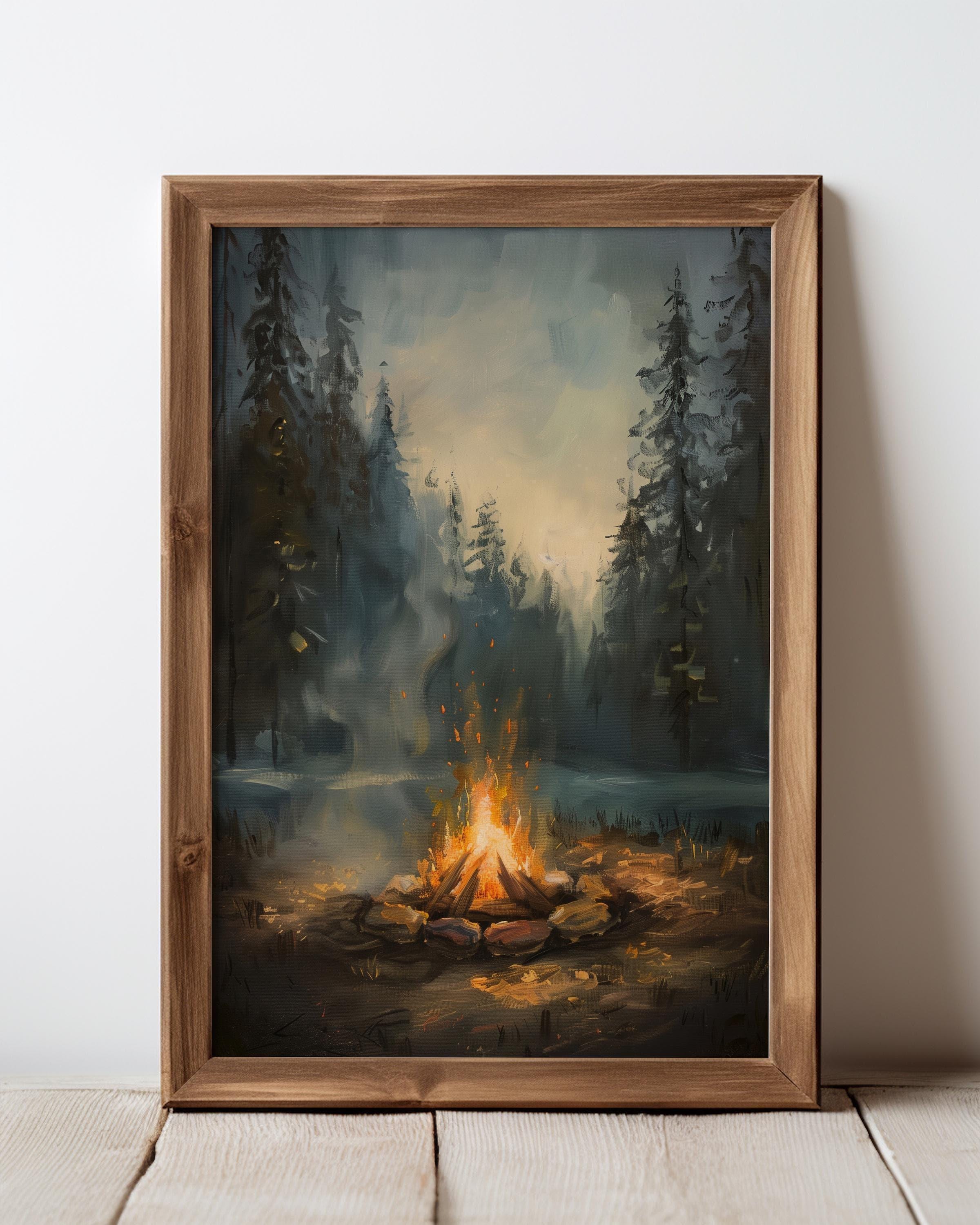 Rustic Campfire Wall Art Print, Vintage Forest Painting, Cabin Wall ...