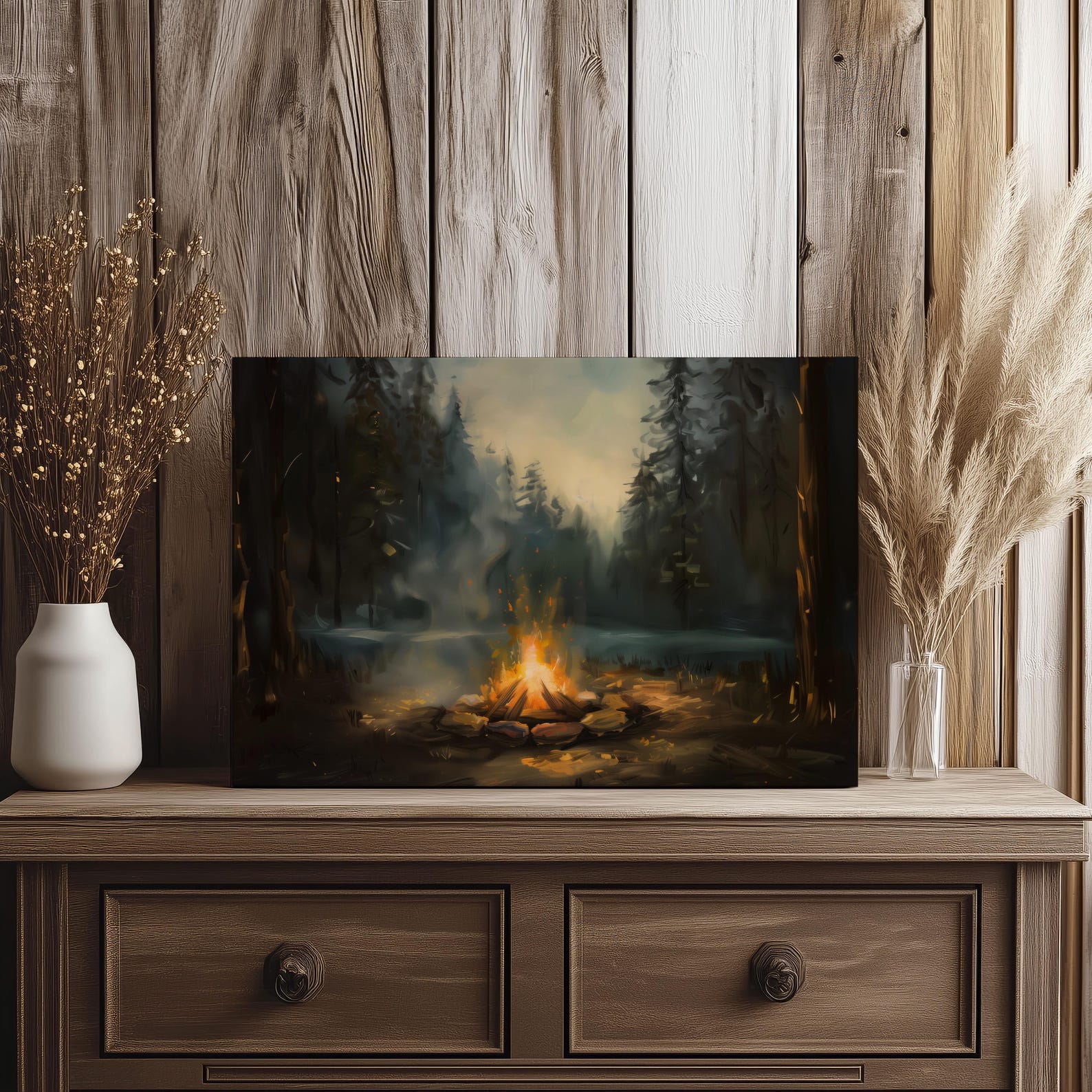 Moody Campfire Matte Canvas Print, Camping Theme Wall Art, Rustic Cabin ...