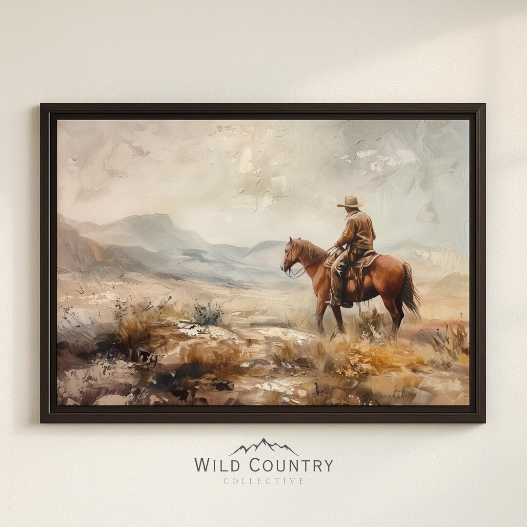 Framed Western Cowboy Canvas Vintage Mountain Painting Cowboy Print on ...