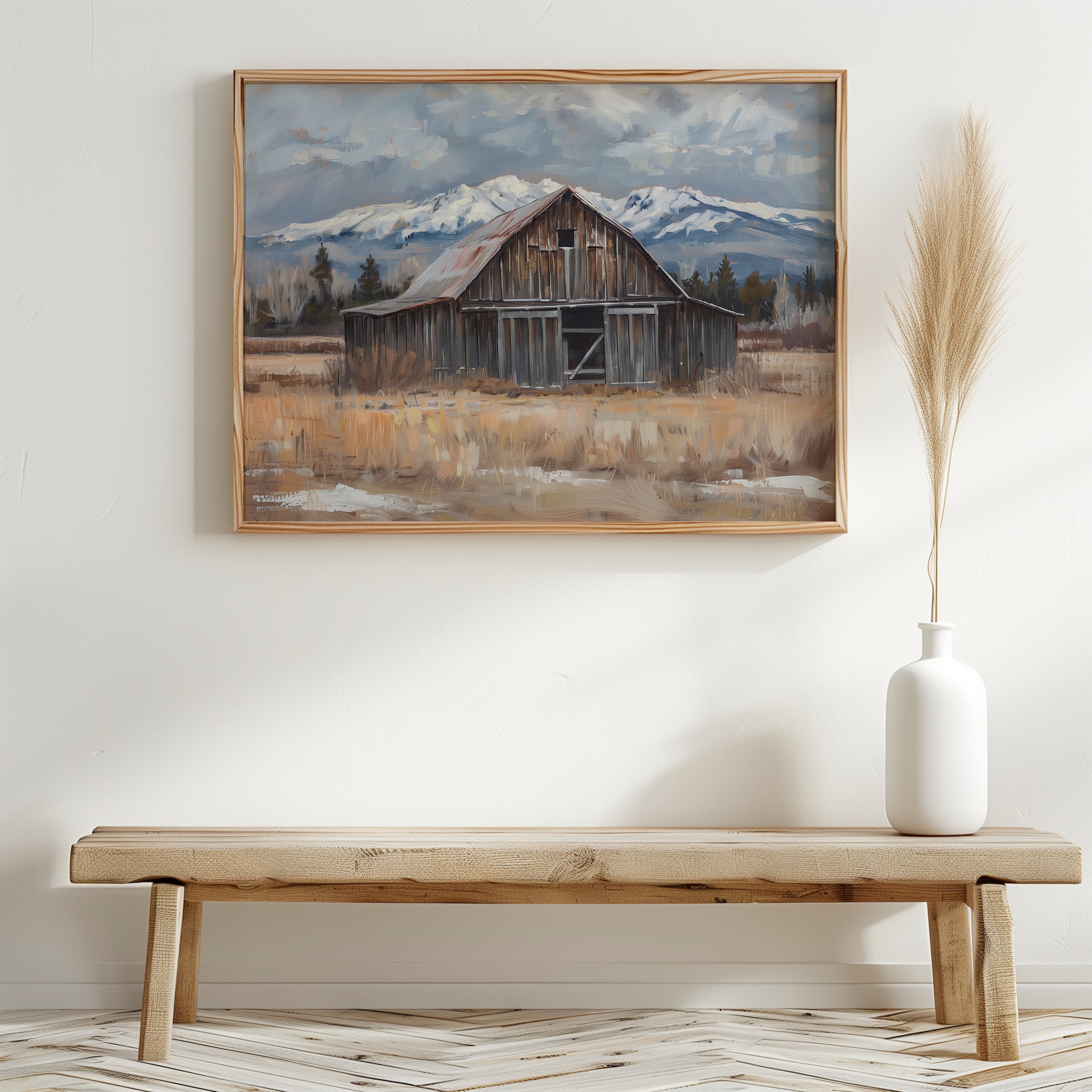 Old Rustic Barn Oil Painting, Vintage Wooden Barn Print, Farm Scenery ...