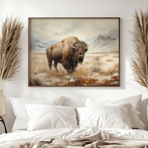 American Bison Art Print, Mountain Landscape Painting, Vintage Buffalo ...