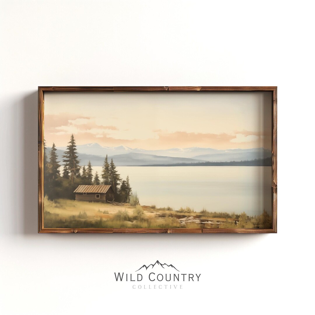 Lake View Log Cabin Oil Painting, Log Cabin Wall Art, Vintage Mountain ...