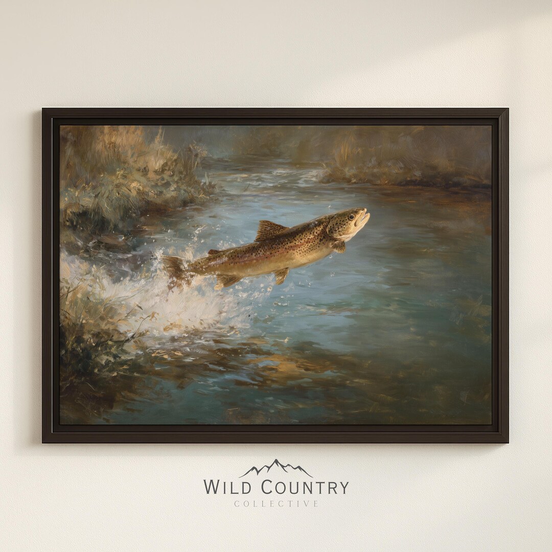 Framed Trout Canvas Fishing Wall Decor Vintage Trout Painting Fly ...