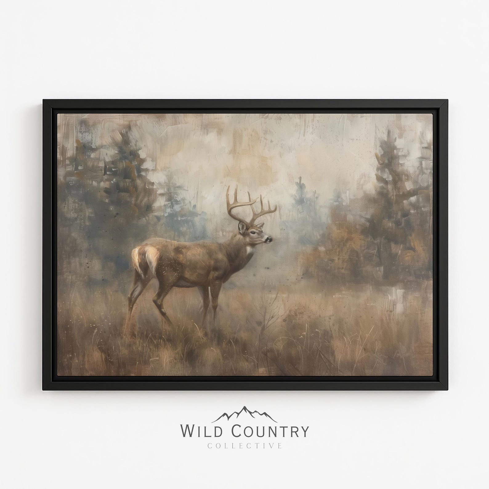 Framed Deer Canvas Rustic Wildlife Wall Art Buck in Forest Landscape ...