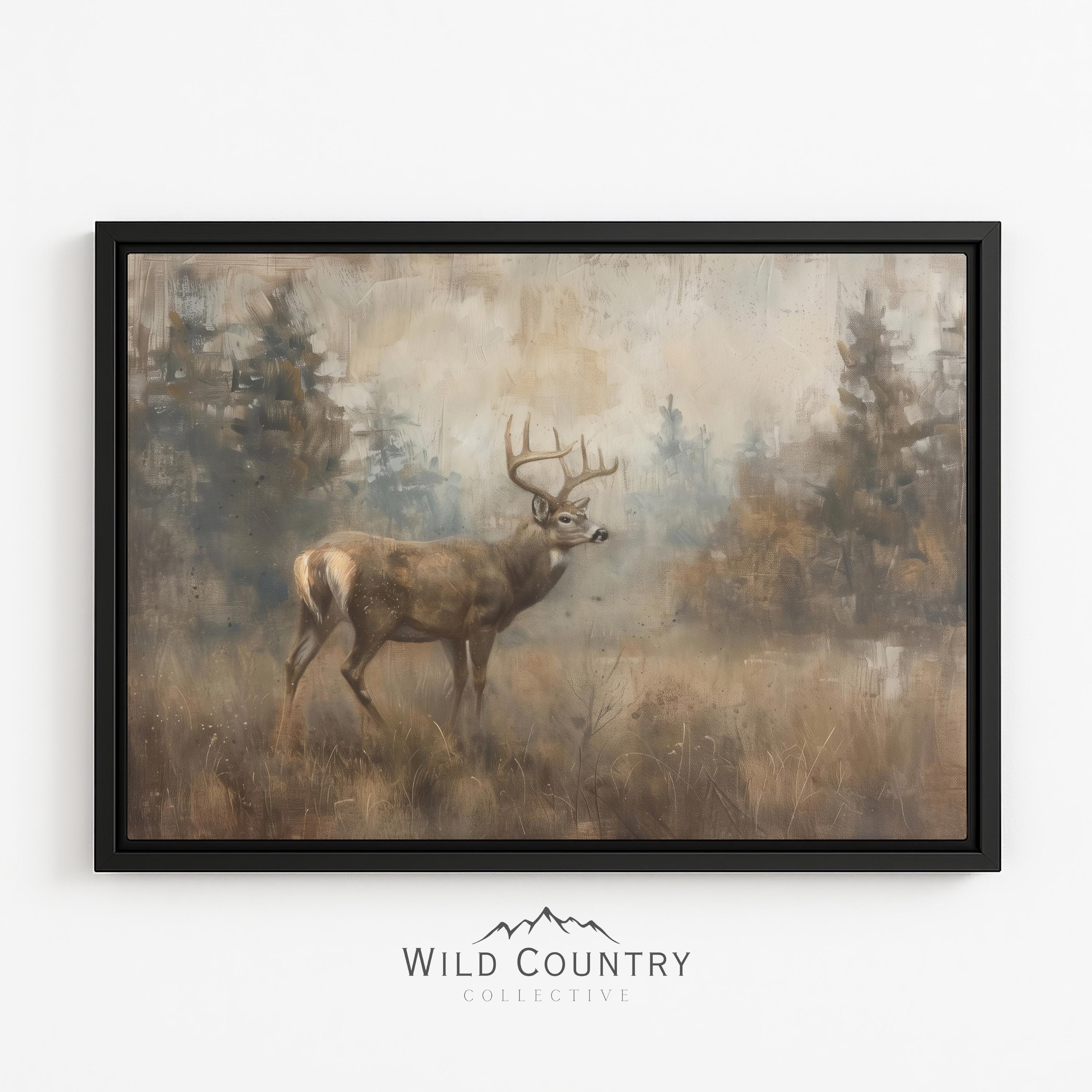 Framed Deer Canvas Rustic Wildlife Wall Art Buck in Forest Landscape ...