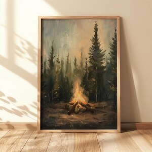 Rustic Campfire Oil Painting, Moody Pine Tree Poster Print, Camping ...