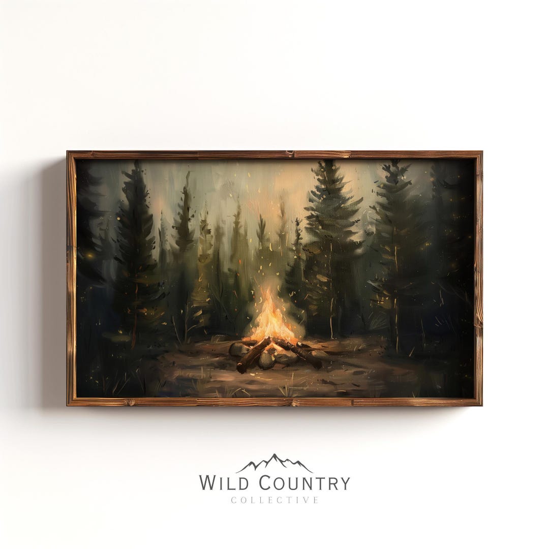 Rustic Campfire Oil Painting, Vintage Forest Painting, Moody Pine Tree ...