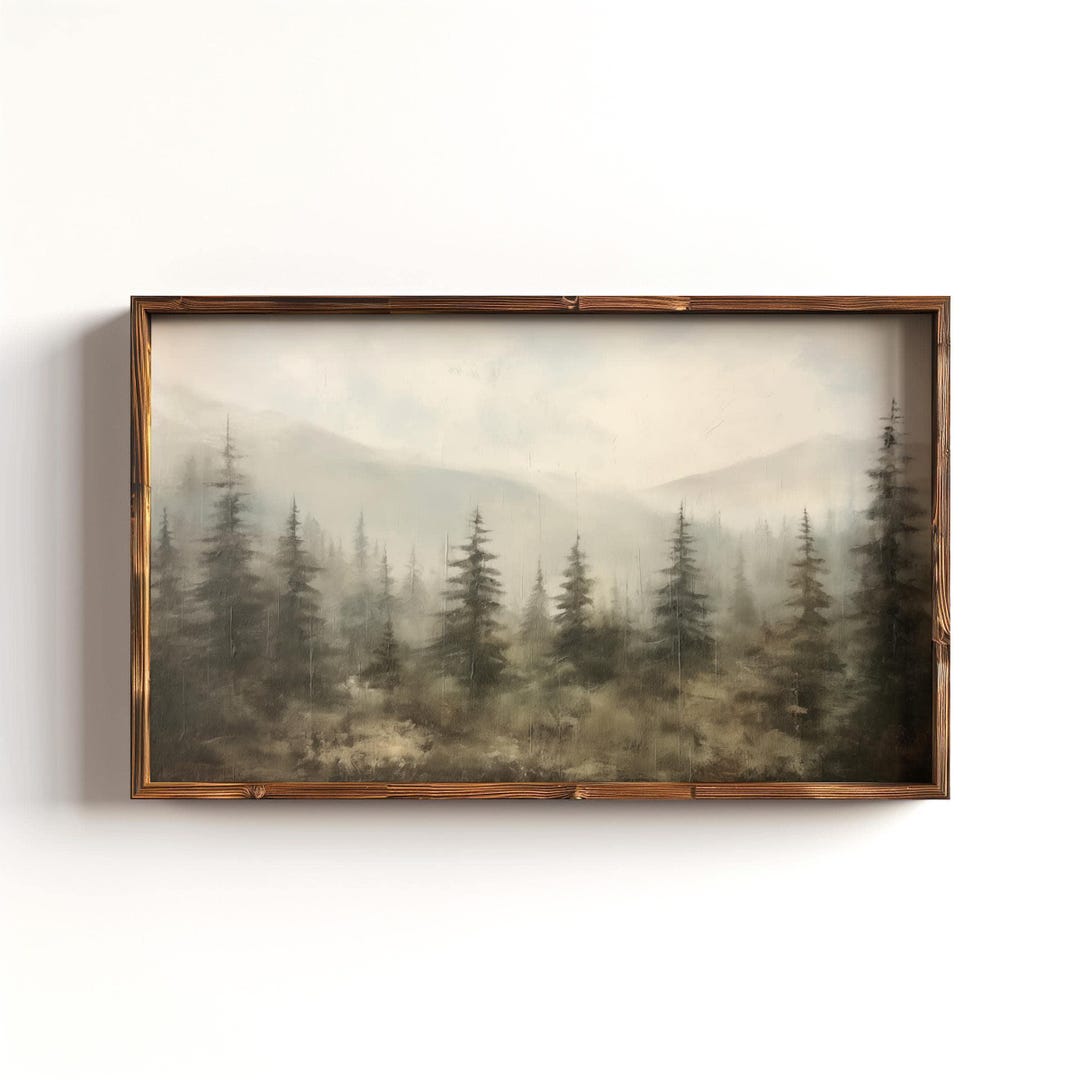 Muted Pine Tree Wall Art, Vintage Pine Forest Tree Painting, Evergreen ...