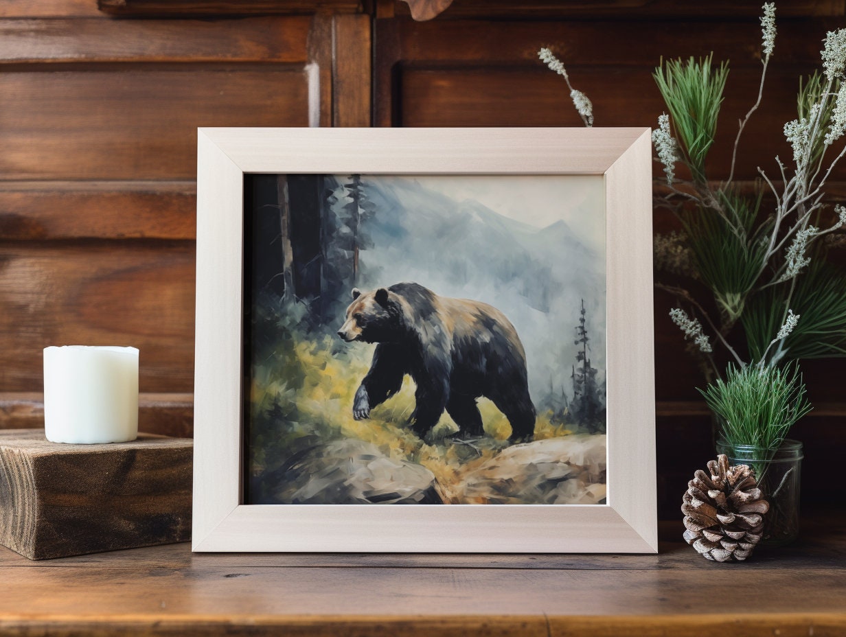 Printable Vintage Black Bear Wall Art, Dark Forest Painting, Woodland ...