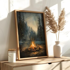 Rustic Campfire Wall Art Print, Vintage Forest Painting, Cabin Wall ...