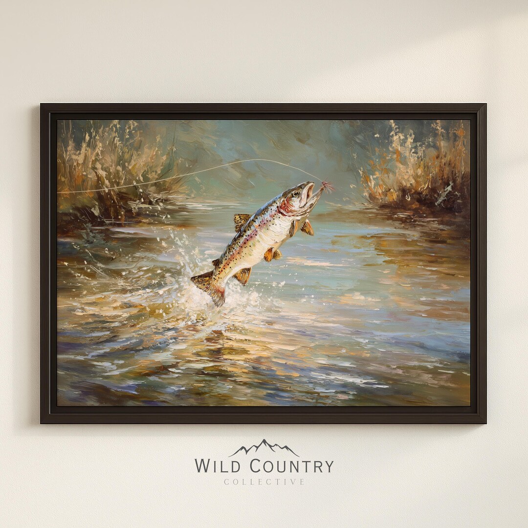 Framed Trout Canvas Fishing Wall Decor Trout Painting Fly Fishing Wall ...