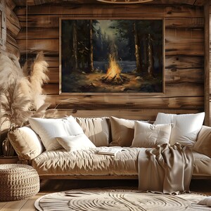 Rustic Campfire Oil Painting, Camping Theme Wall Art, Dark Wall Art ...