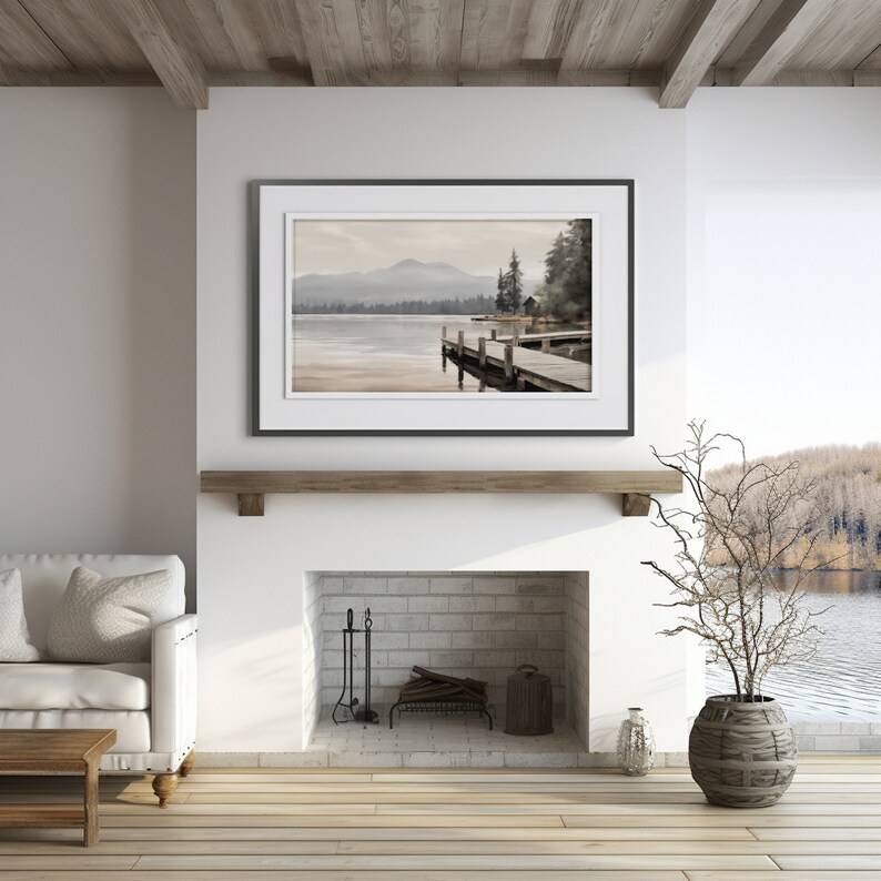 Vintage Lake Landscape Painting, Boat Dock Poster Print, Lake House ...