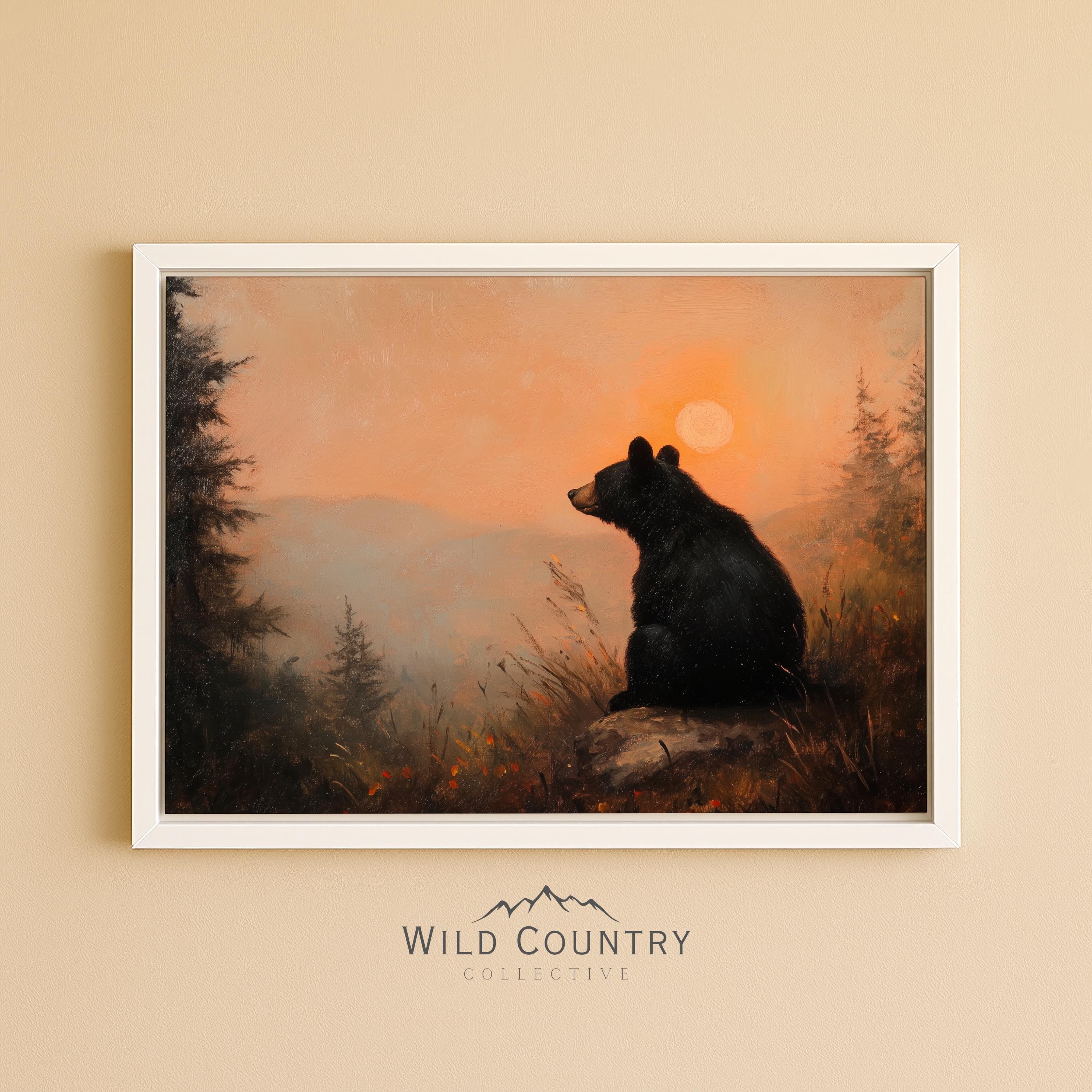 Framed Canvas Black Bear Painting Sunset Wall Art for Cabin Nature ...