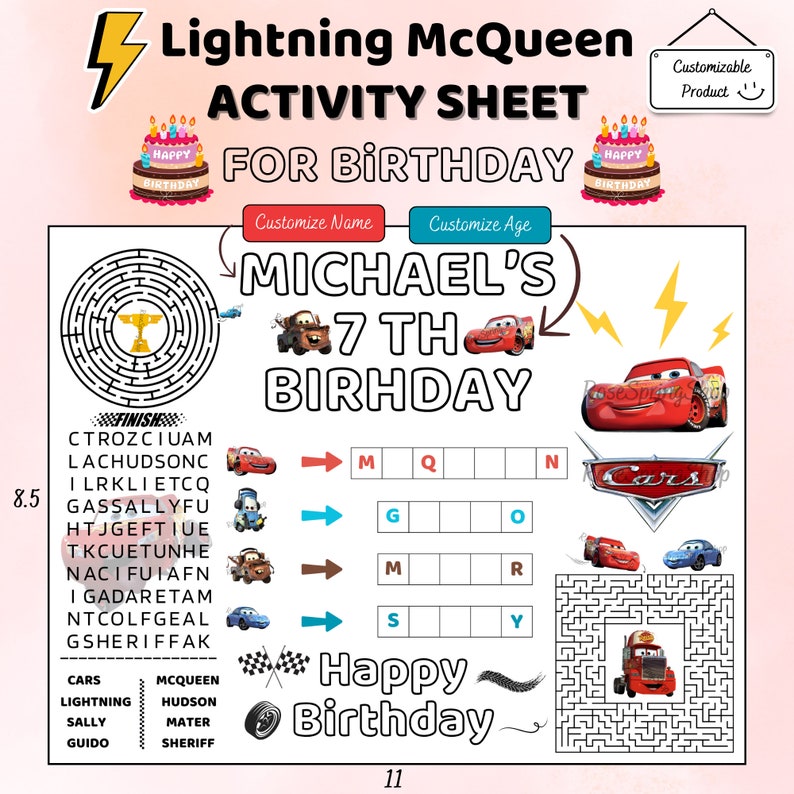 Cars Lightning Mcqueen Activity Sheet for Birthday, Lightning Mcqueen ...