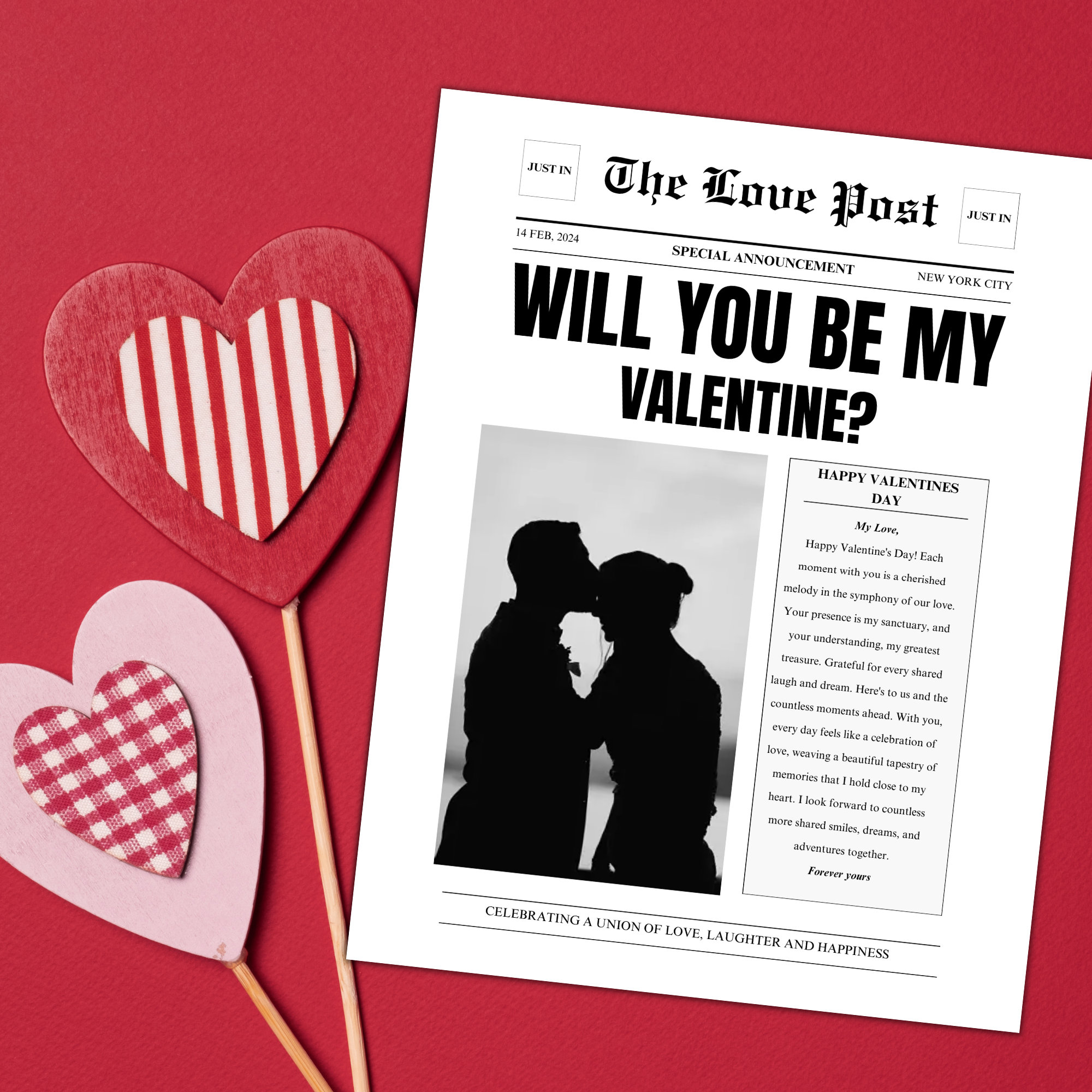 Valentines Cupid Post Newspaper | Editable Canva Template | Will You Be ...