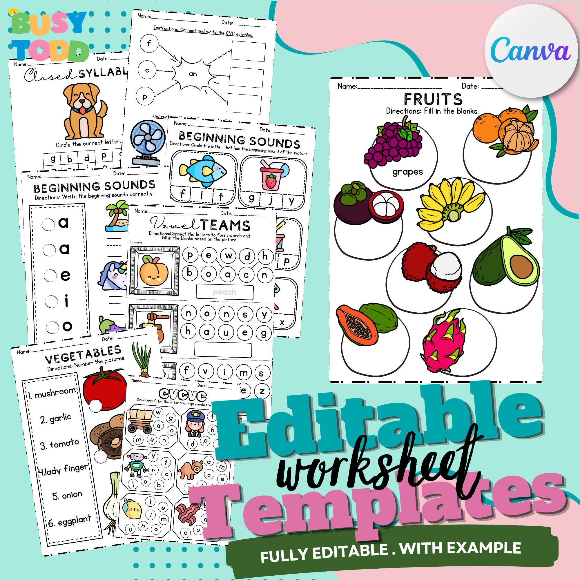 Editable Worksheet Canva Templates - Teacher Editable Template Bundle ...