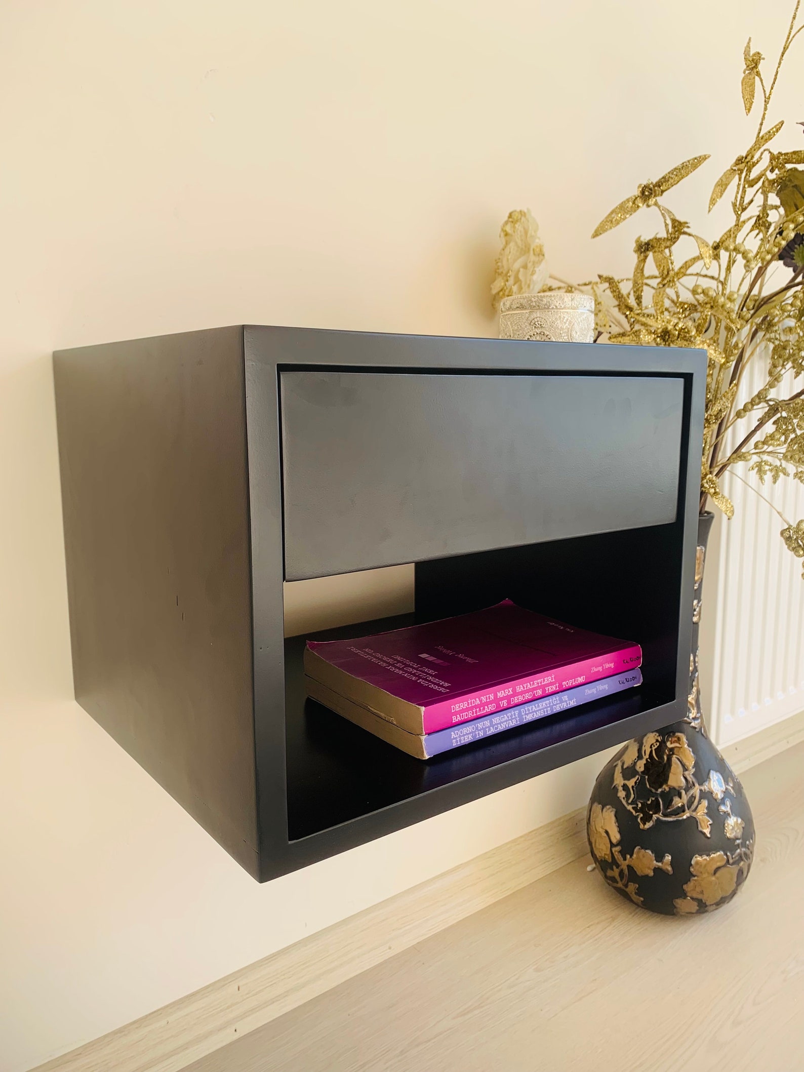Black Floating Nightstand, Black Color Table, Drawer Nightstand, Mid ...