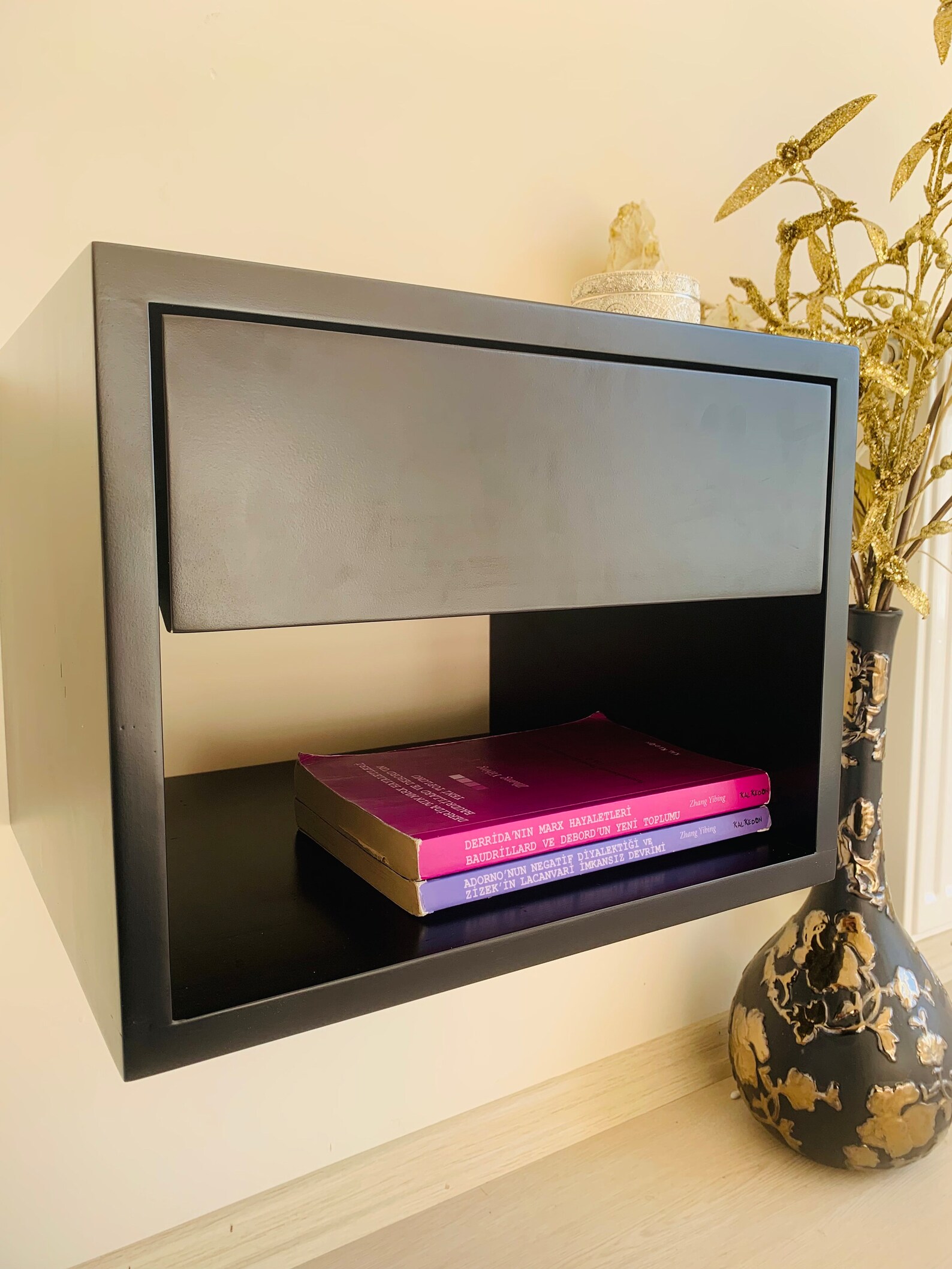 Black Floating Nightstand, Black Color Table, Drawer Nightstand, Mid ...