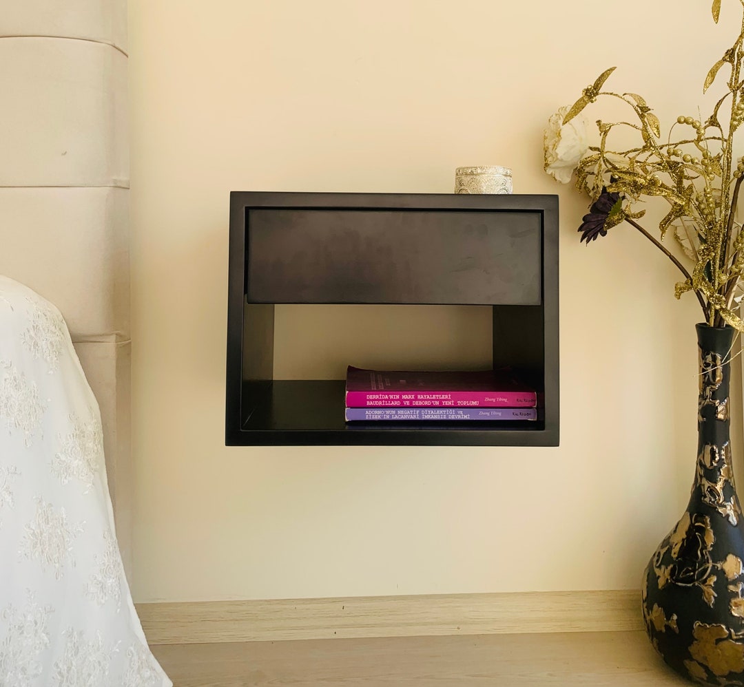 Black Floating Nightstand, Black Color Table, Drawer Nightstand, Mid ...
