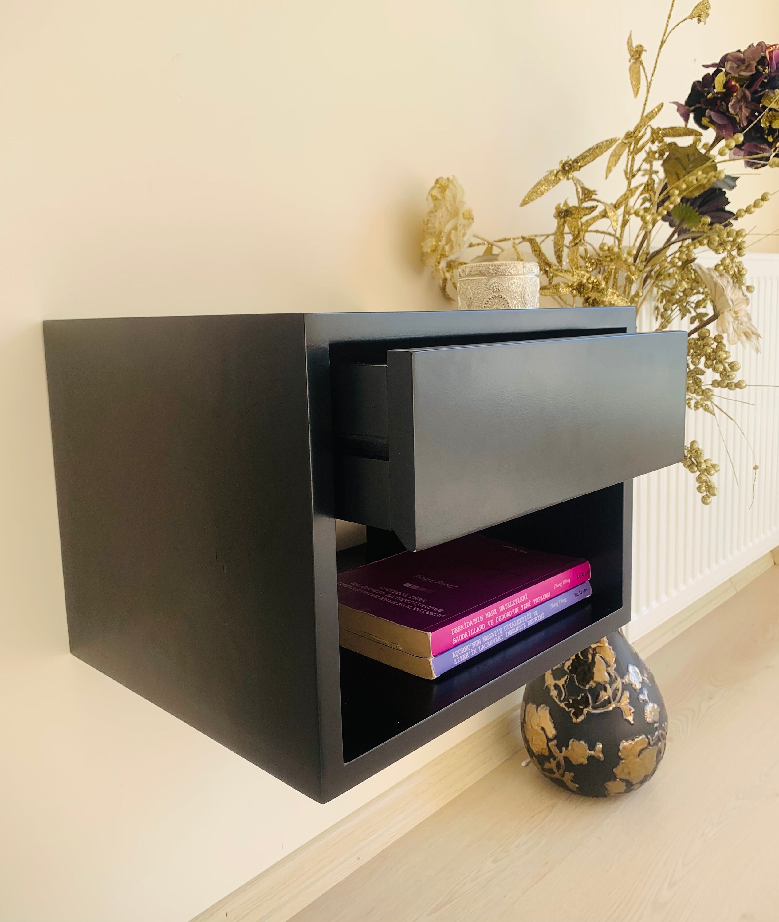 Black Floating Nightstand, Black Color Table, Drawer Nightstand, Mid ...