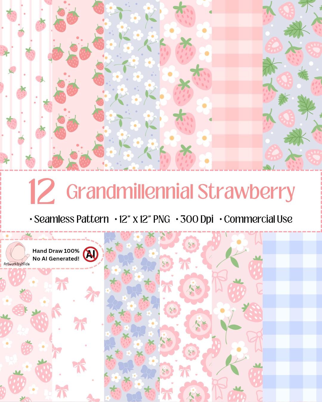 Grandmillennial Strawberry and Bow Seamless Pattern | Cottagecore ...