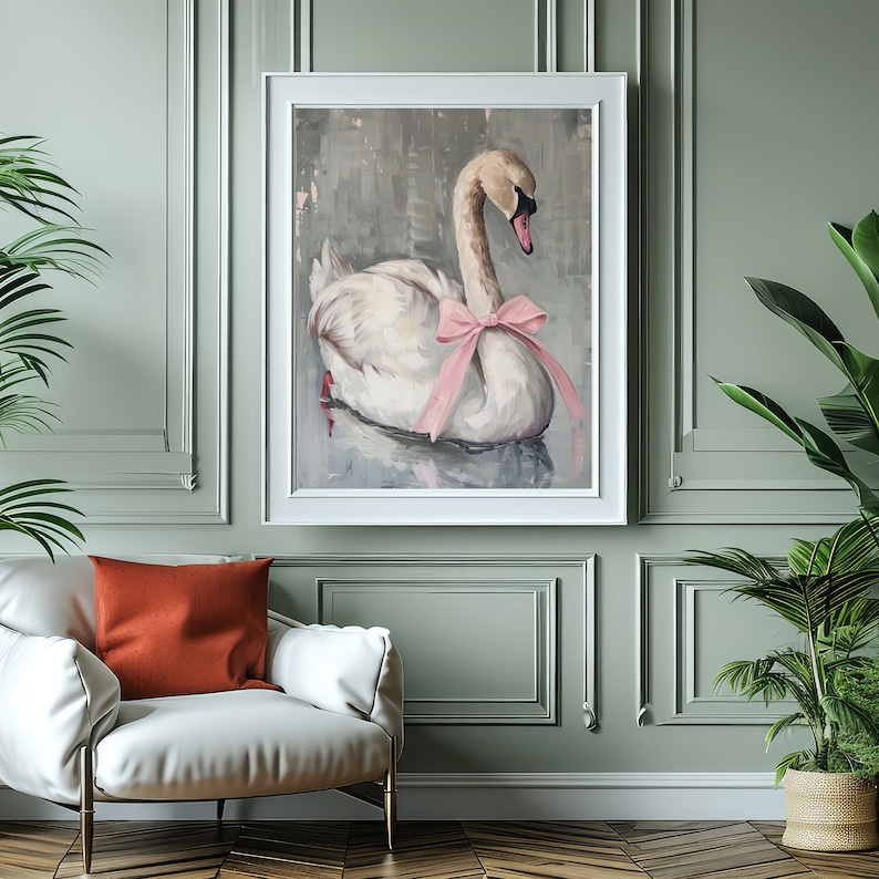 Swan With a Pink Bow Print, Soft Pink Girly Nursery Painting, Dreamy ...