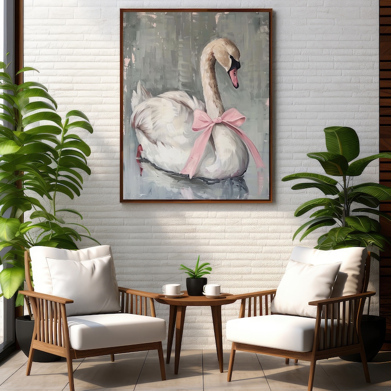 Swan With a Pink Bow Print, Soft Pink Girly Nursery Painting, Dreamy ...