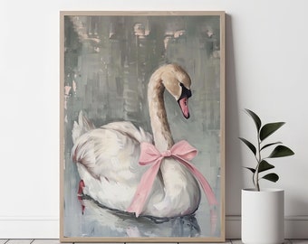 Swan With a Pink Bow Print, Soft Pink Girly Nursery Painting, Dreamy ...