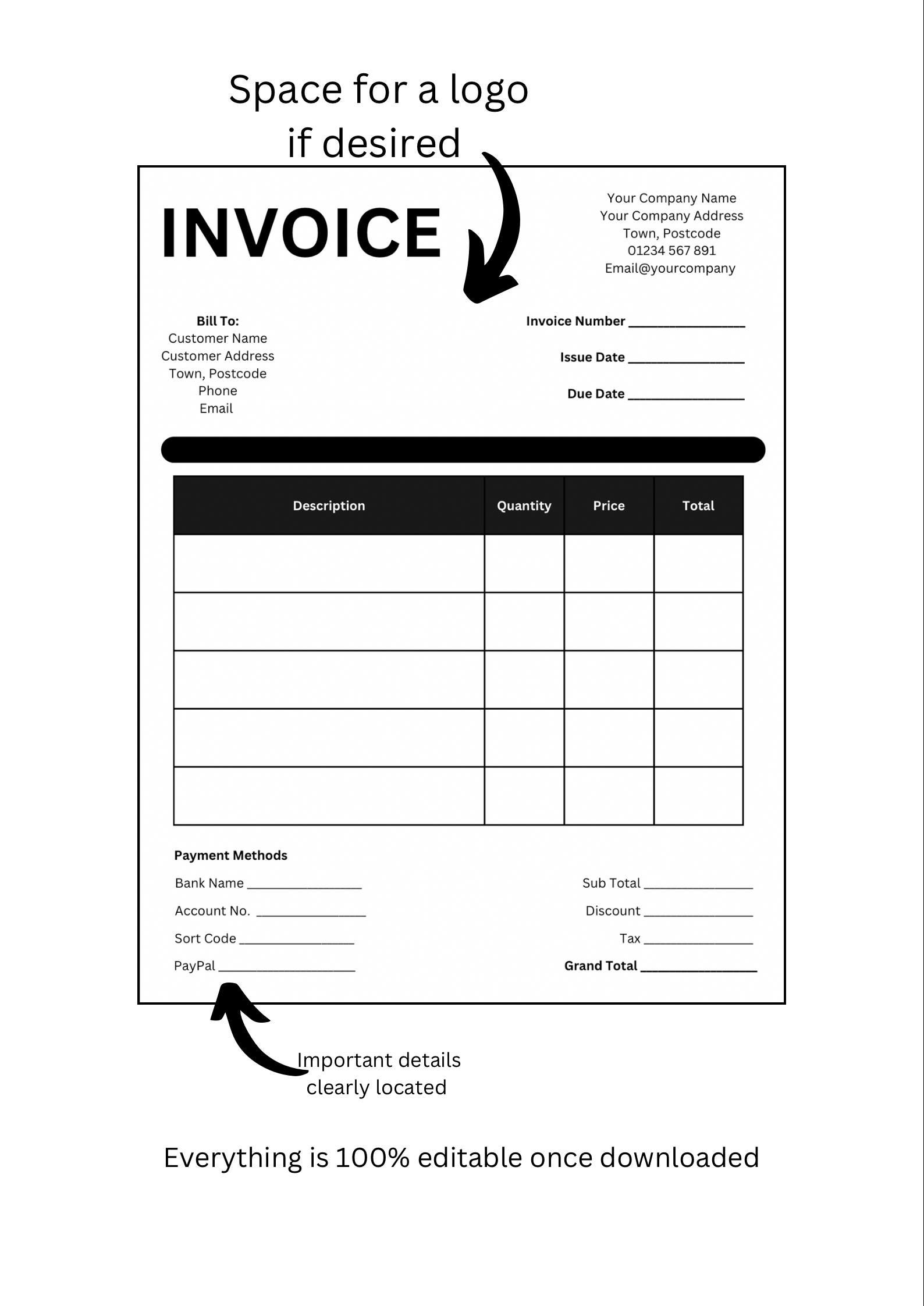 Simple Invoice Template, Editable Invoice Template, Invoice for Small ...