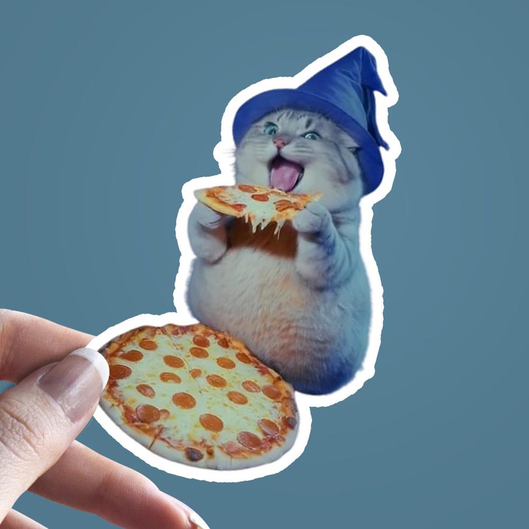 Wizard Cat Eating Pizza Meme AI Sticker - Cute, Funny, Laptop Decal ...