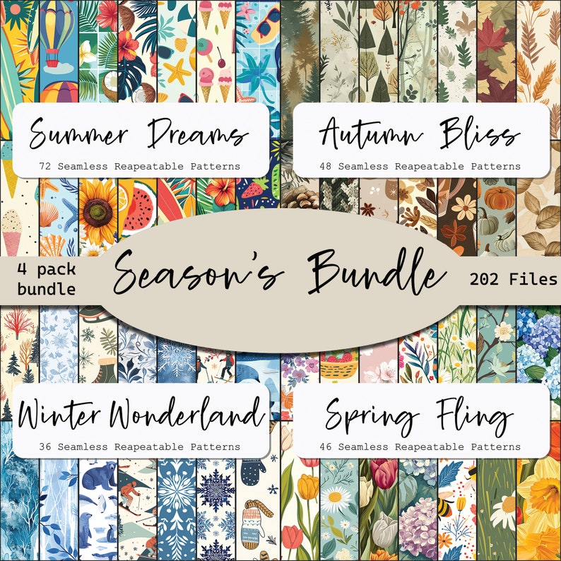 Seasons Seamless Pattern Bundle: All Over Print Digital Paper (PNG ...