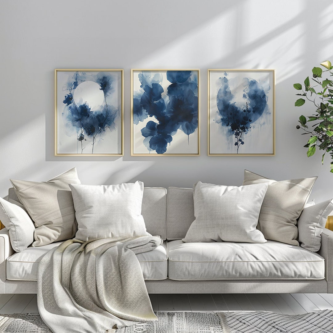 Set of 3 Abstract Indigo Ink Printable Wall Art Digital Download ...