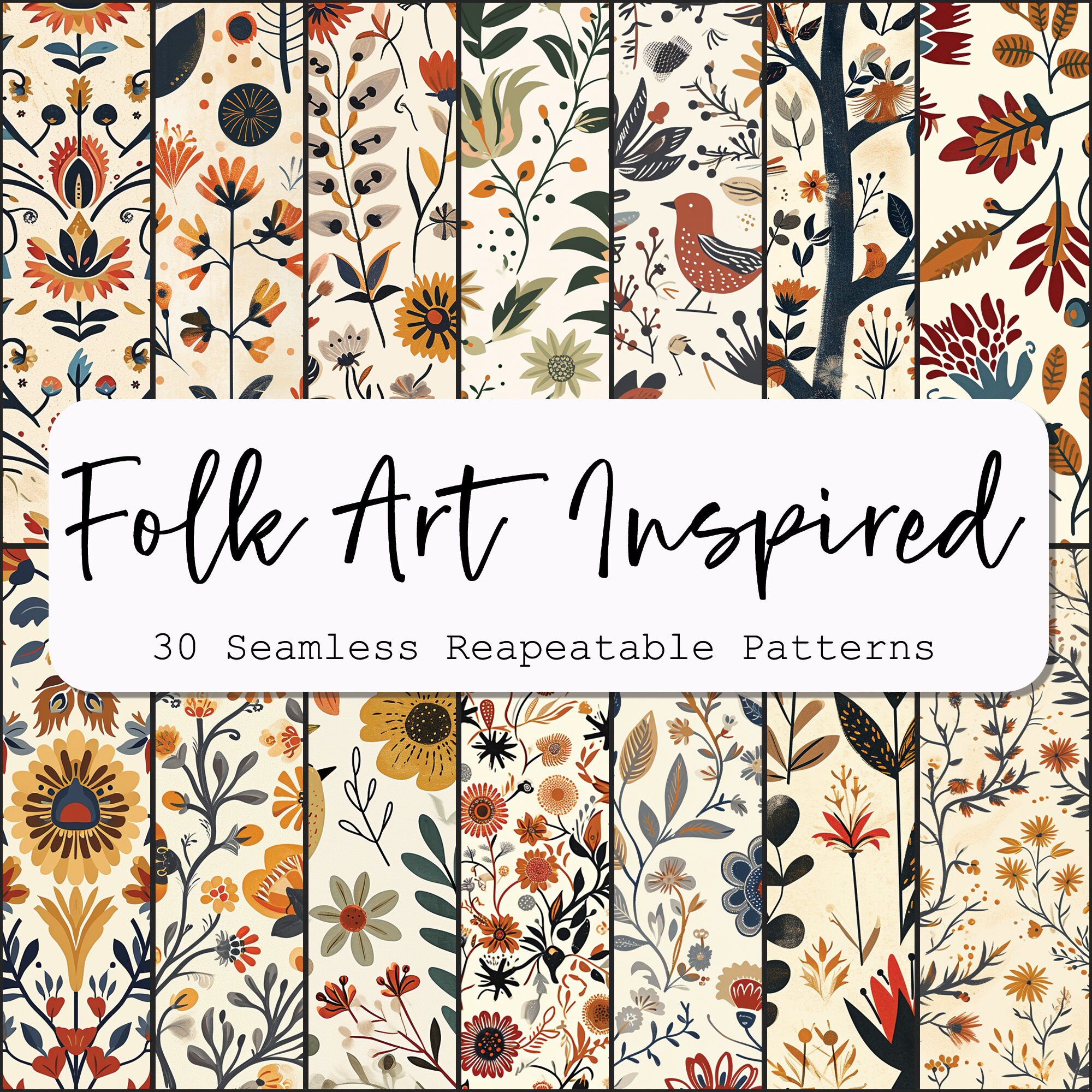 Folk Art Floral Digital Paper: Seamless Cottagecore Print (PNG Files ...