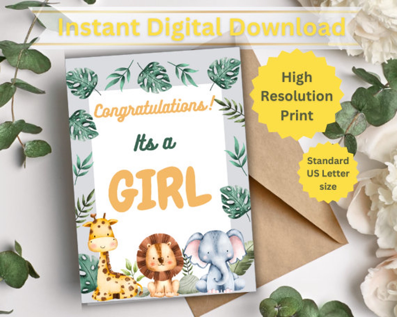 Printable Safari Baby Arrival Card Congratulations Its a Girl Printable ...
