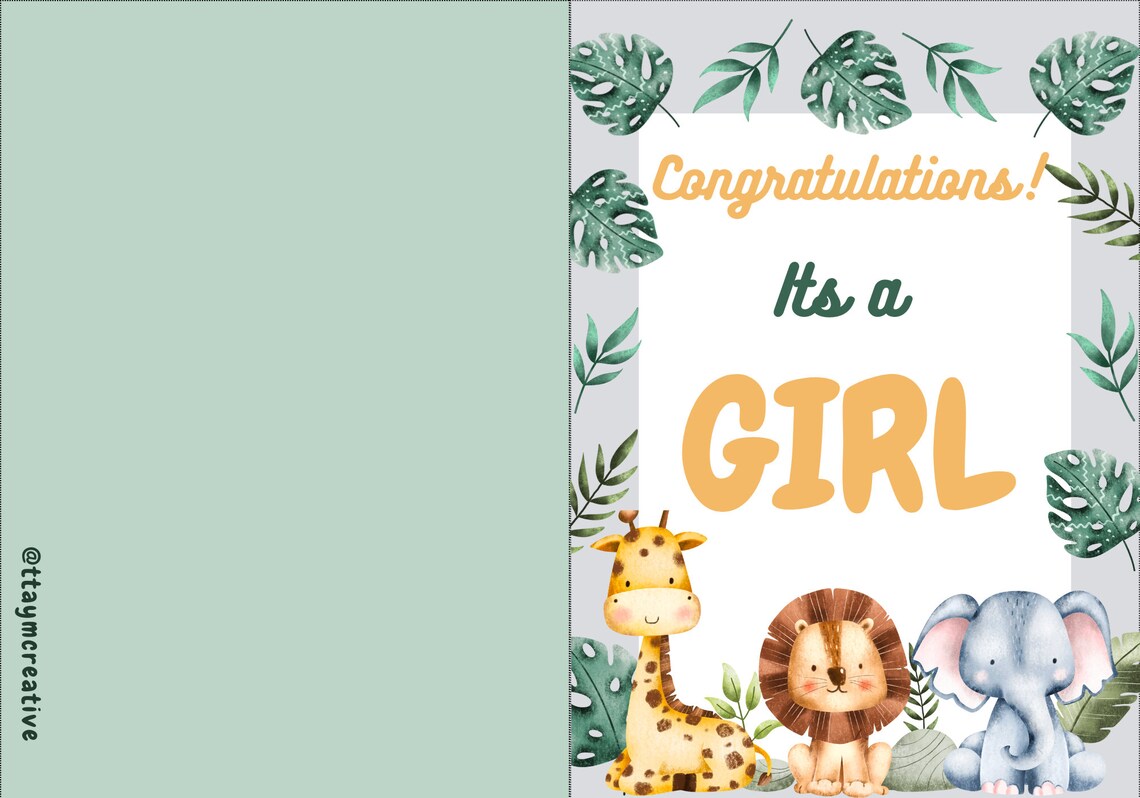 Printable Safari Baby Arrival Card Congratulations Its a Girl Printable ...