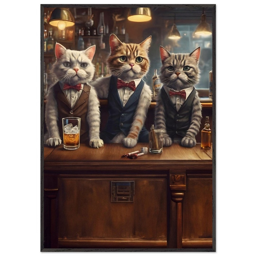 Cuteness Overload 3 Cats in a Bar Premium Wooden Framed Poster With ...