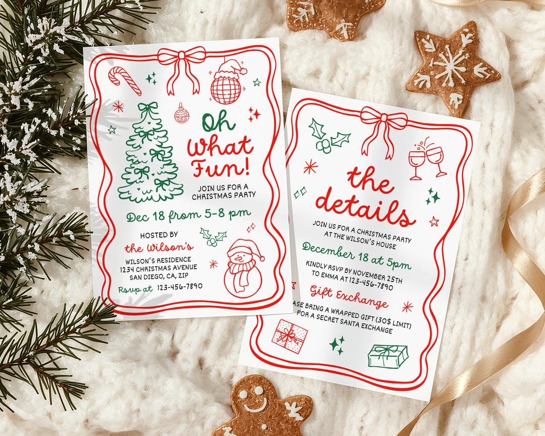 Oh What Fun Christmas Party Invitation, Whimsical Hand Drawn Christmas ...