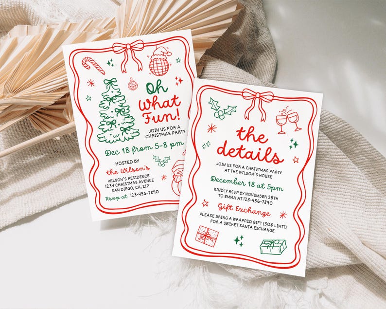 Oh What Fun Christmas Party Invitation, Whimsical Hand Drawn Christmas ...